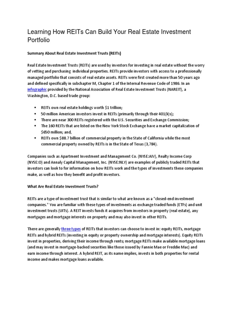 Learning How REITs Can Build Your Real Estate Investing Portfolio | PDF ...
