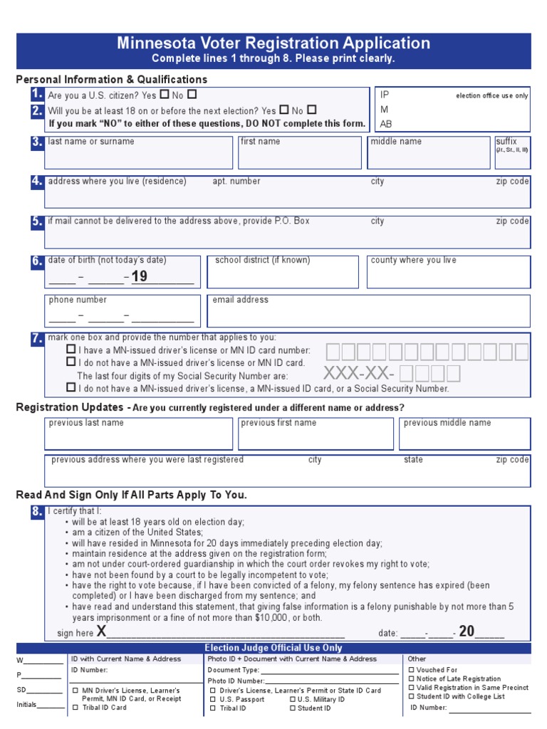 MN English Voter Registration Application | PDF | Voter Registration ...