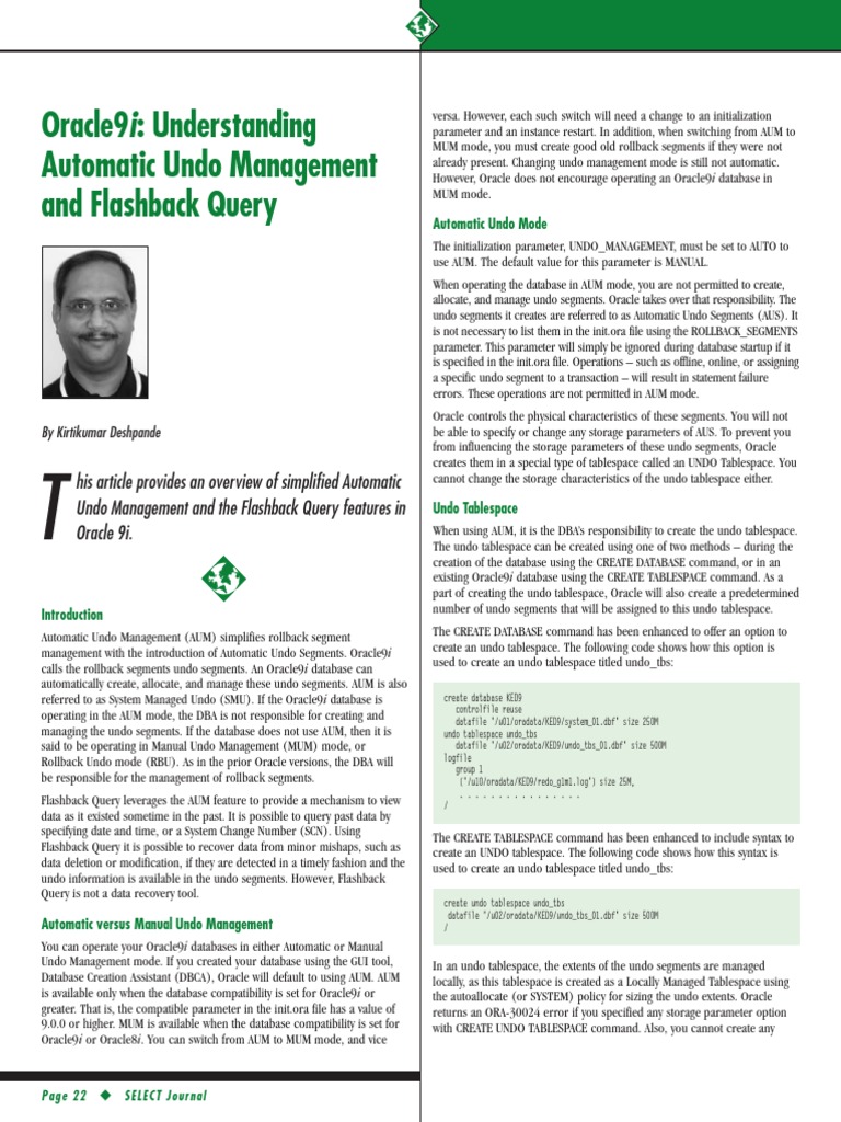 Oracle9 I: Understanding Automatic Undo Management and Flashback Query | PDF | Oracle Database ...