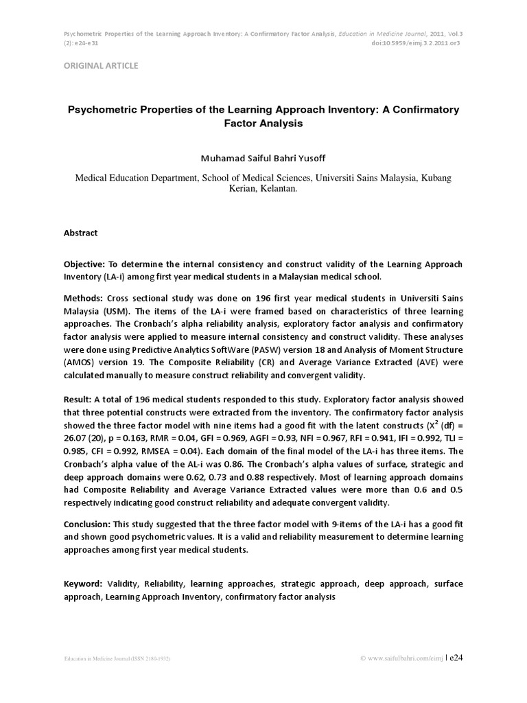 Psychometric Properties of The Learning Approach Inventory A Confirmatory Factor Analysis | PDF ...