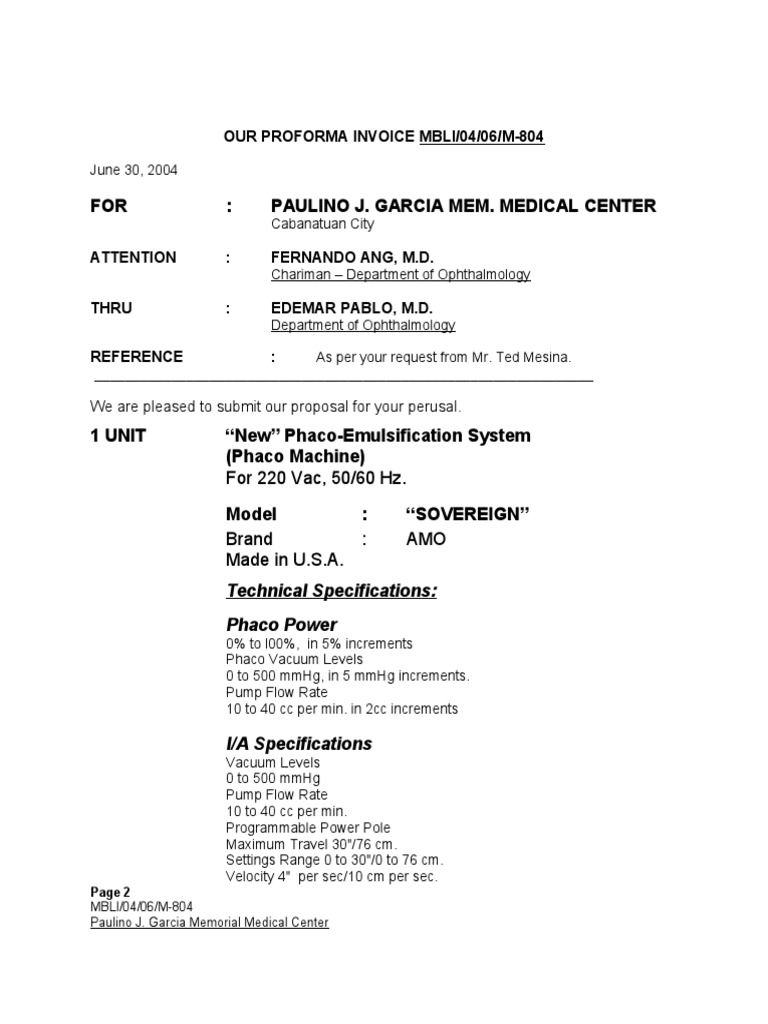 FOR: Paulino J. Garcia Mem. Medical Center: Our Proforma Invoice Mbli ...
