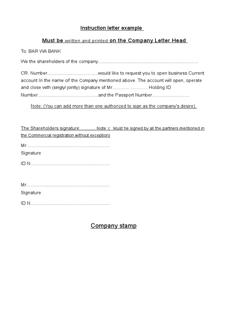Company Bank Instruction Letter Sample | PDF