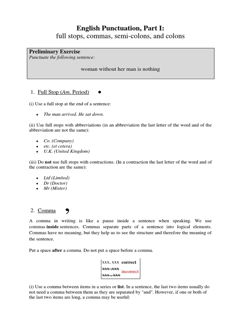 English Punctuation I - Full Stops, Commas, Semi-Colons, Colons | PDF ...