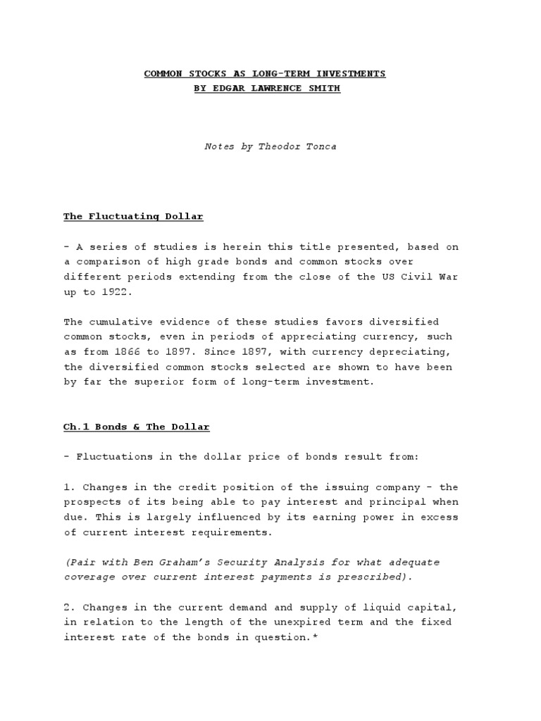 Common Stocks As Long-Term Investments by Edgar Lawrence Smith Notes ...