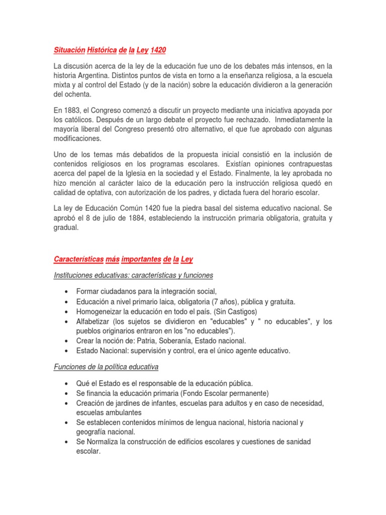Situación Histórica de La Ley 1420: Instituciones Educativas ...