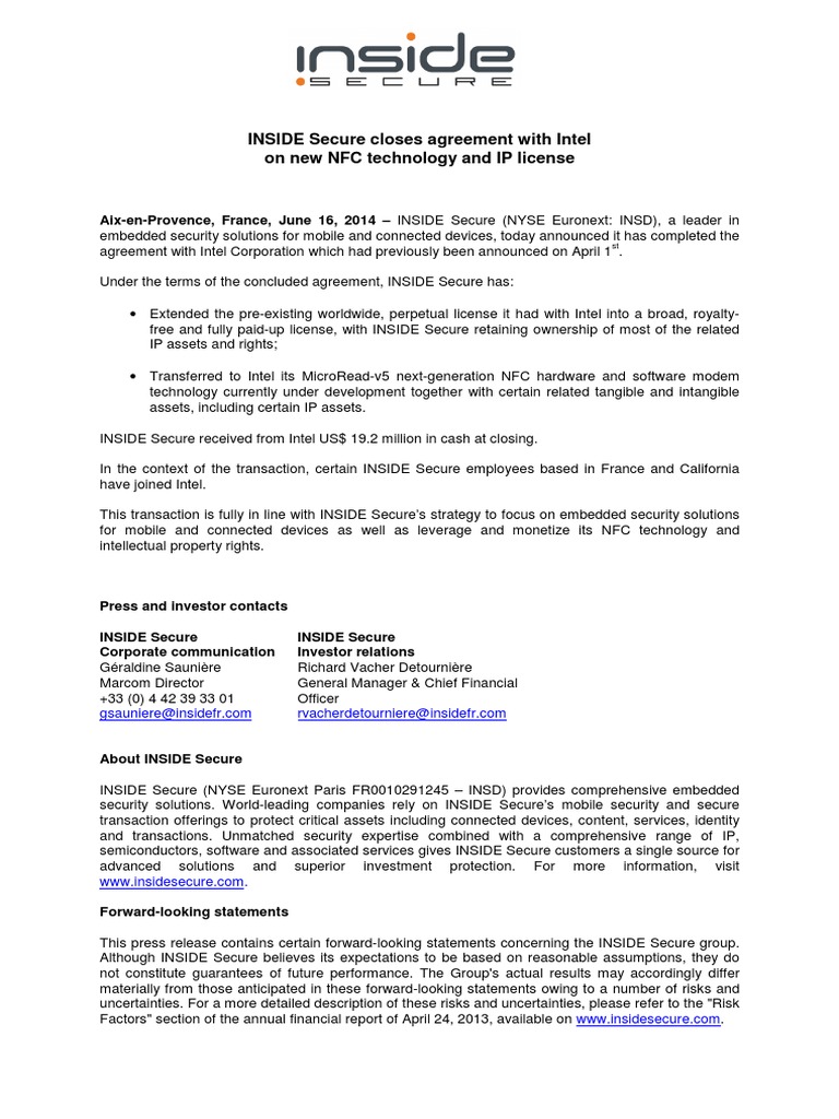 INSIDE Secure Closes Agreement With Intel On New NFC Technology and IP ...