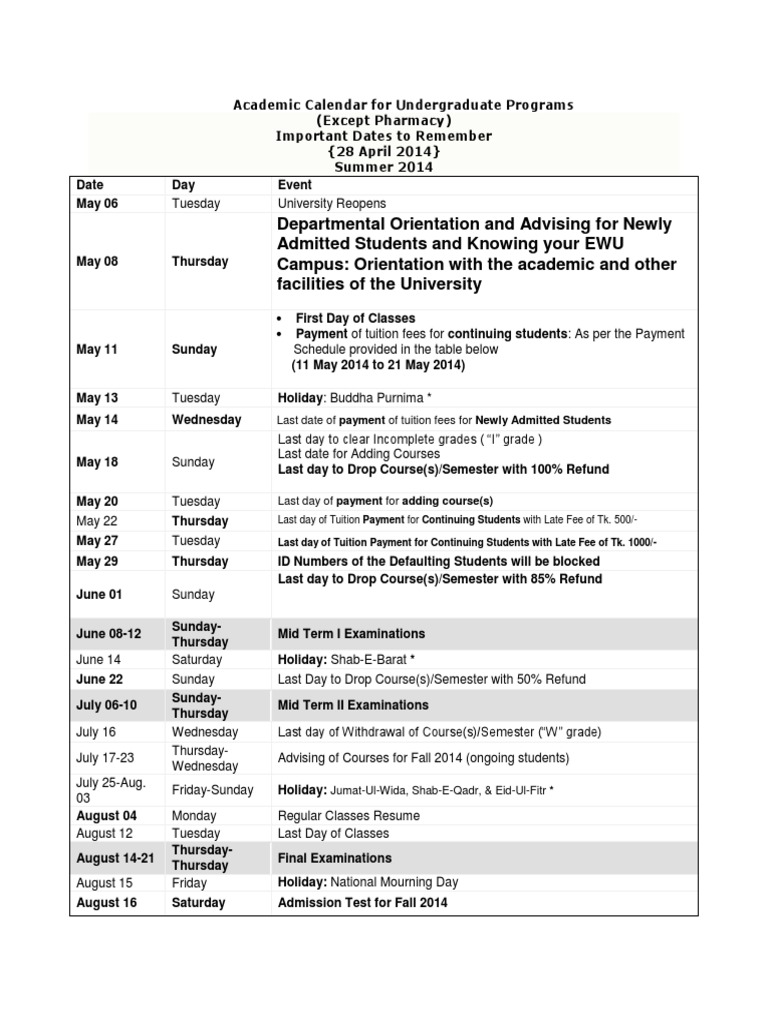 Academic Calendar For Undergraduate Programs | PDF | Academic Term ...