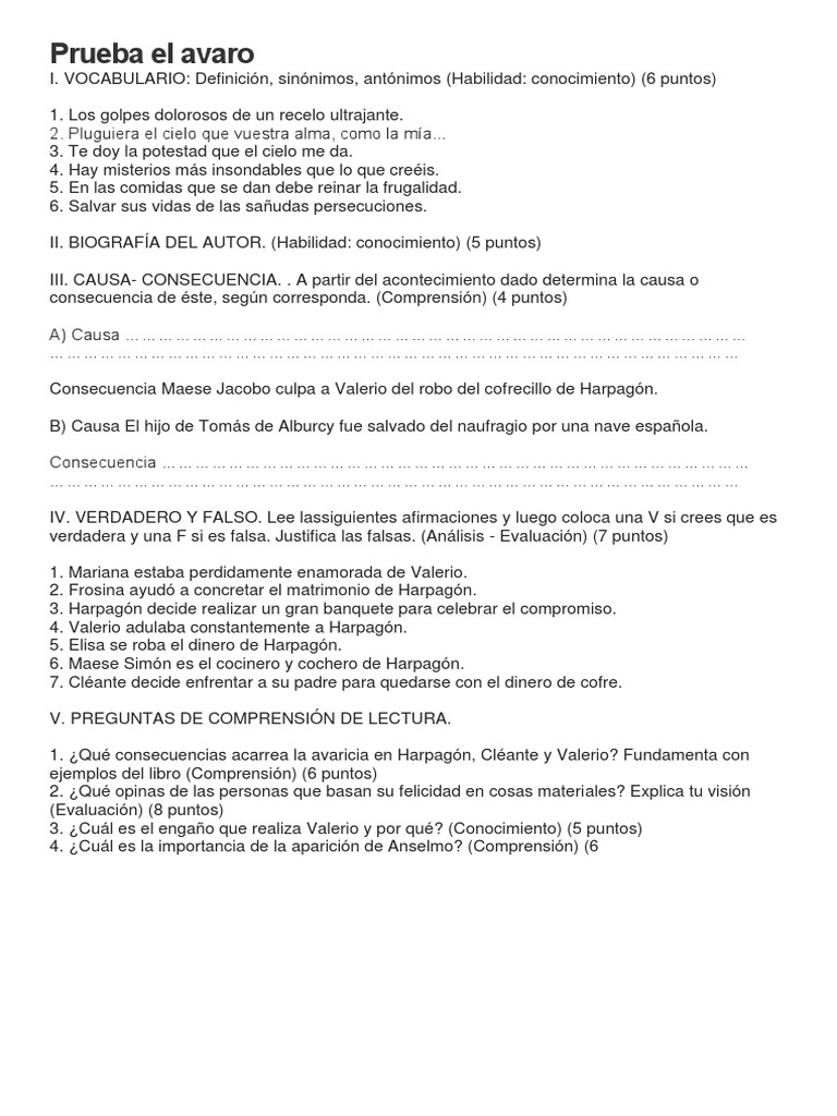 Definición y análisis del avaro | PDF