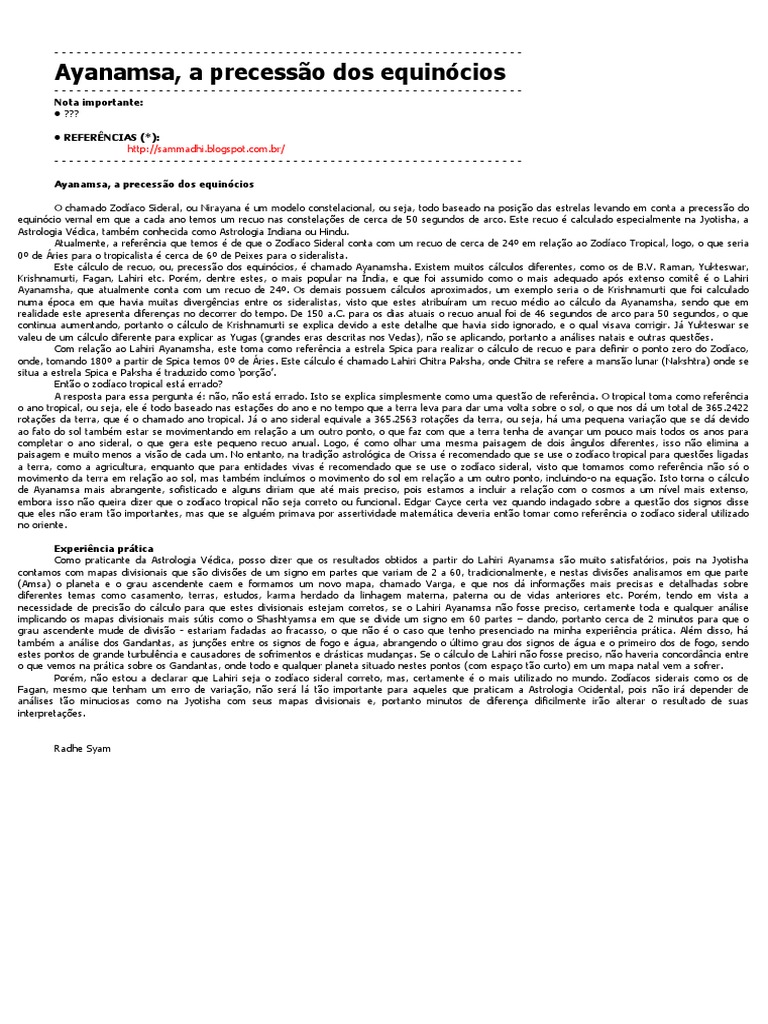 Ayanamsa, A Precessão Dos Equinócios | PDF | Zodíaco | Astrologia
