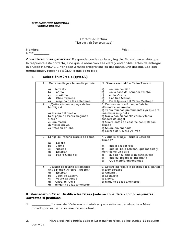 Control Lectura La Casa de Los Espiritus 4° Adm. | PDF