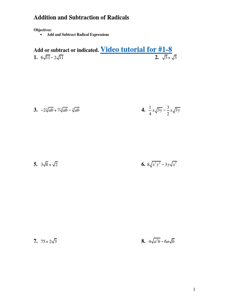 Adding and Subtracting Radicals Videos | PDF