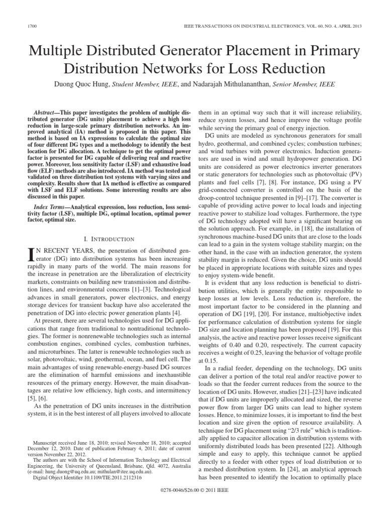 Multiple Distributed Generator Placement in Primary Distribution Networks For Loss Reduction ...