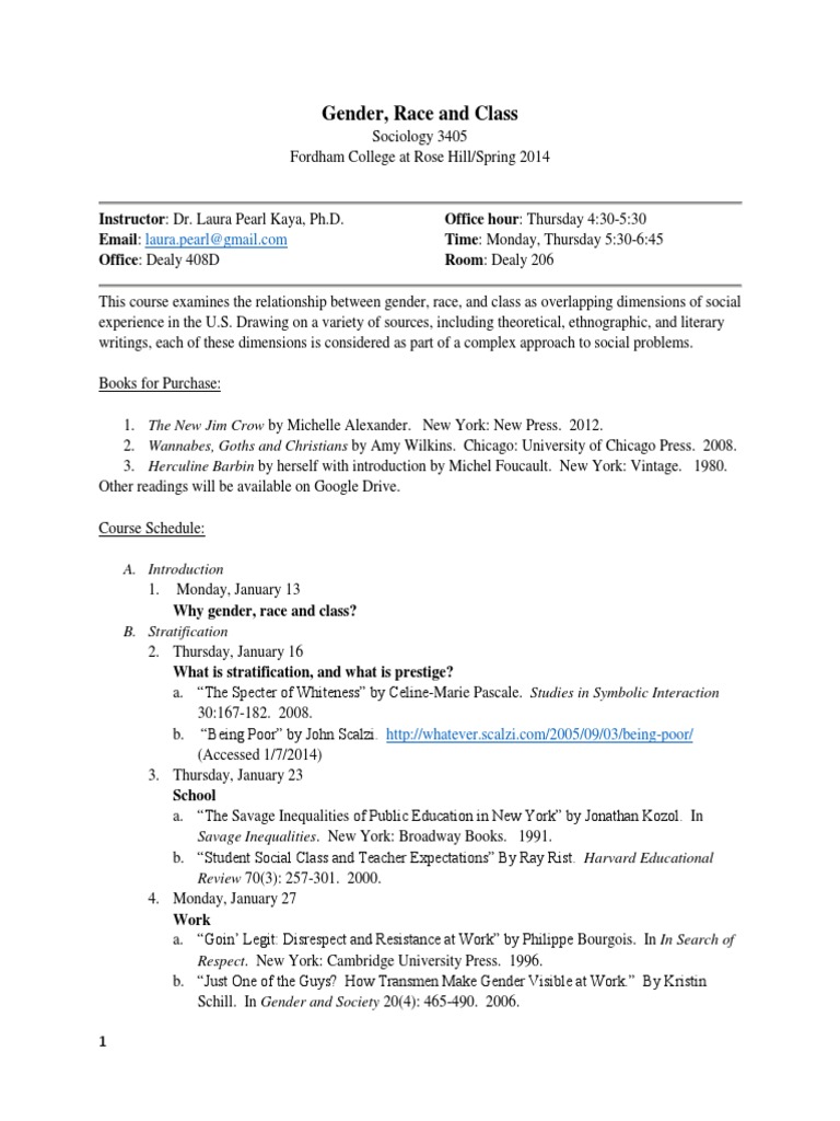 Gender, Race and Class Syllabus | PDF | Race (Human Categorization) | Gender