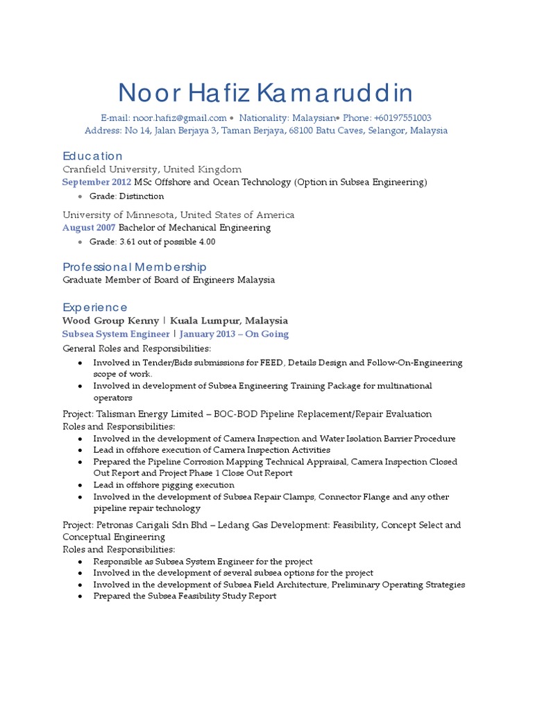 Subsea Engineer Resume: Noor Hafiz | PDF | Subsea (Technology) | Energy And Resource