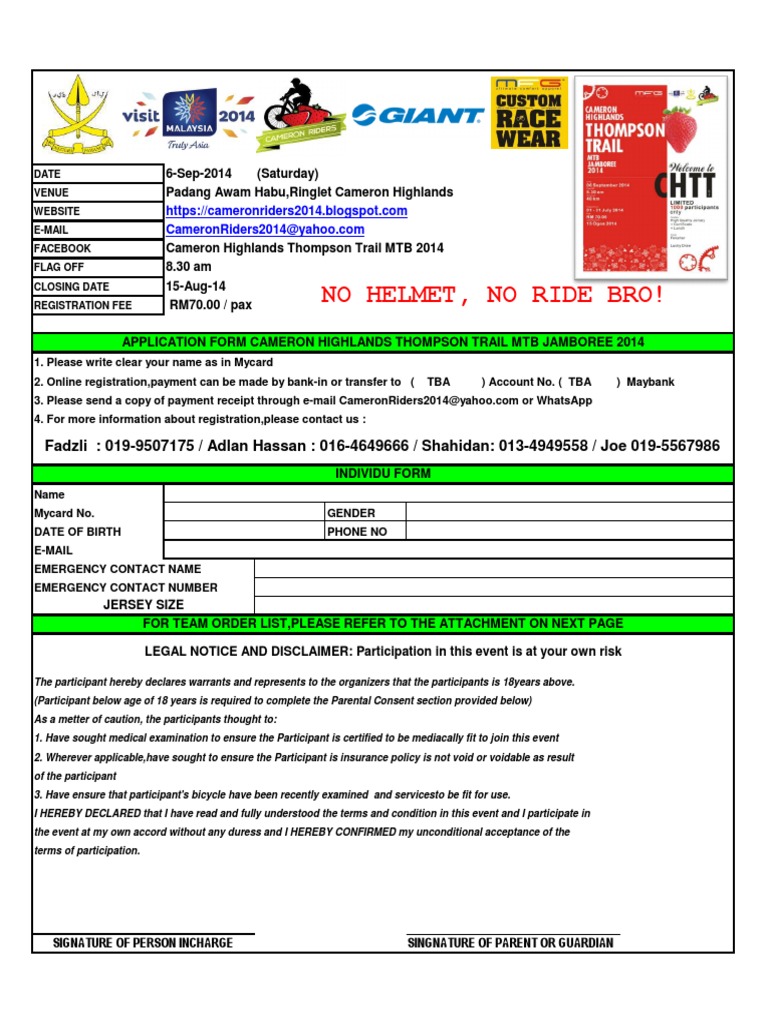 CHTT MTB Jambore 2014 Registration Form - Individu | PDF
