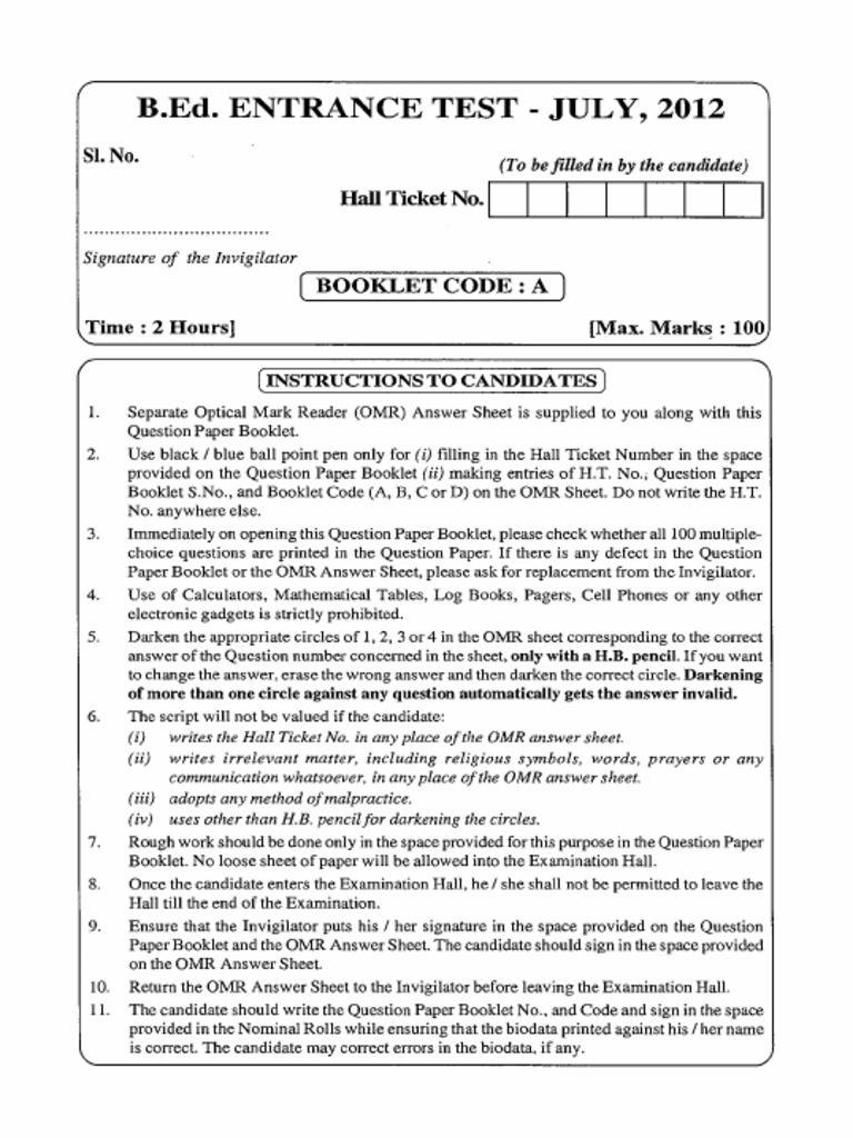 B. Ed Entrance Exam Question | PDF