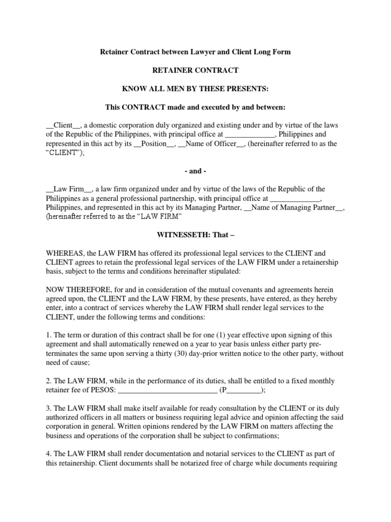 Retainer Contract Between Lawyer and Client Long Form | Download Free ...