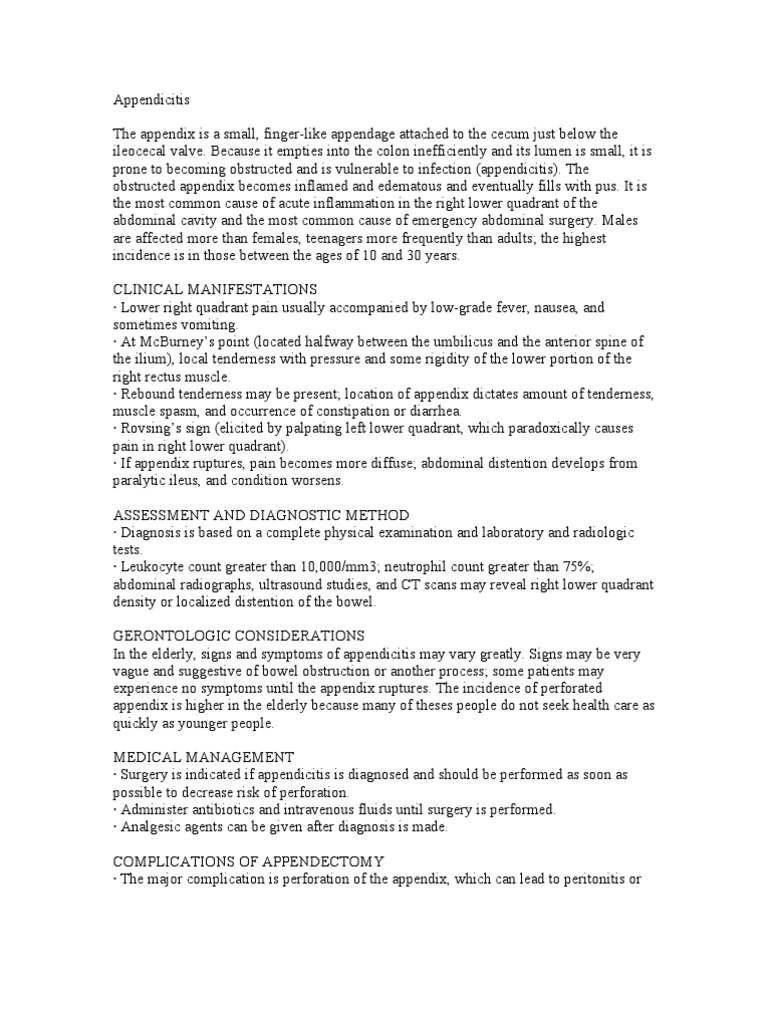 Appendicitis Nursing Notes | PDF | Digestive Diseases | Rtt