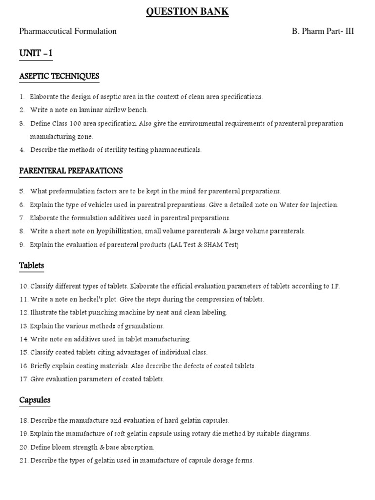 Pharmaceutical Formulation Question Bank | PDF | Tablet (Pharmacy ...