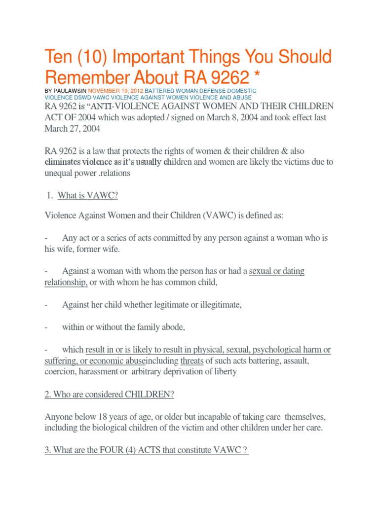 10 Things To Remember About RA 9262 | PDF | Domestic Violence | Victimology