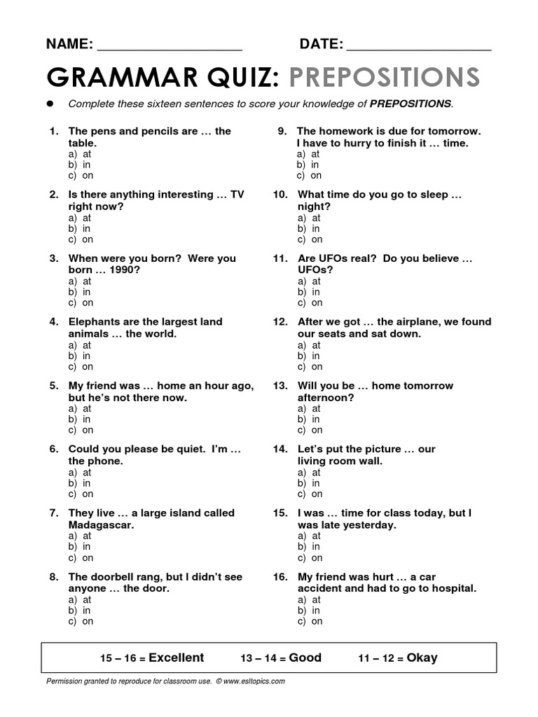 Quiz Prepositions | PDF | Linguistics