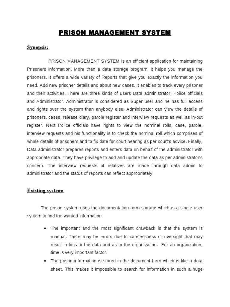 Prison Management System: Synopsis | PDF | Electronic Engineering ...