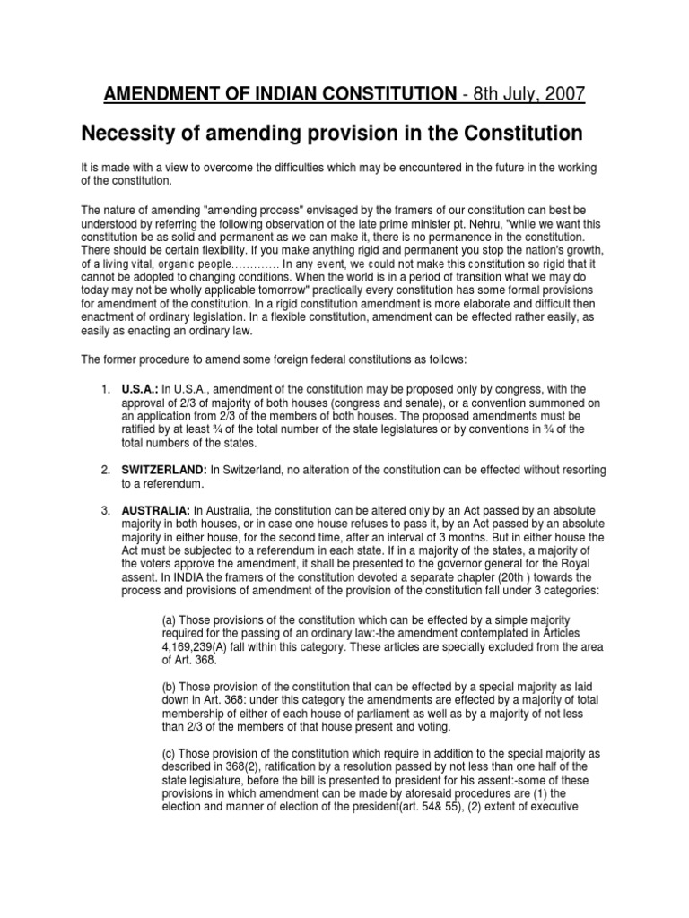 Amendment Of Indian Constitution Pdf Constitutional Amendment