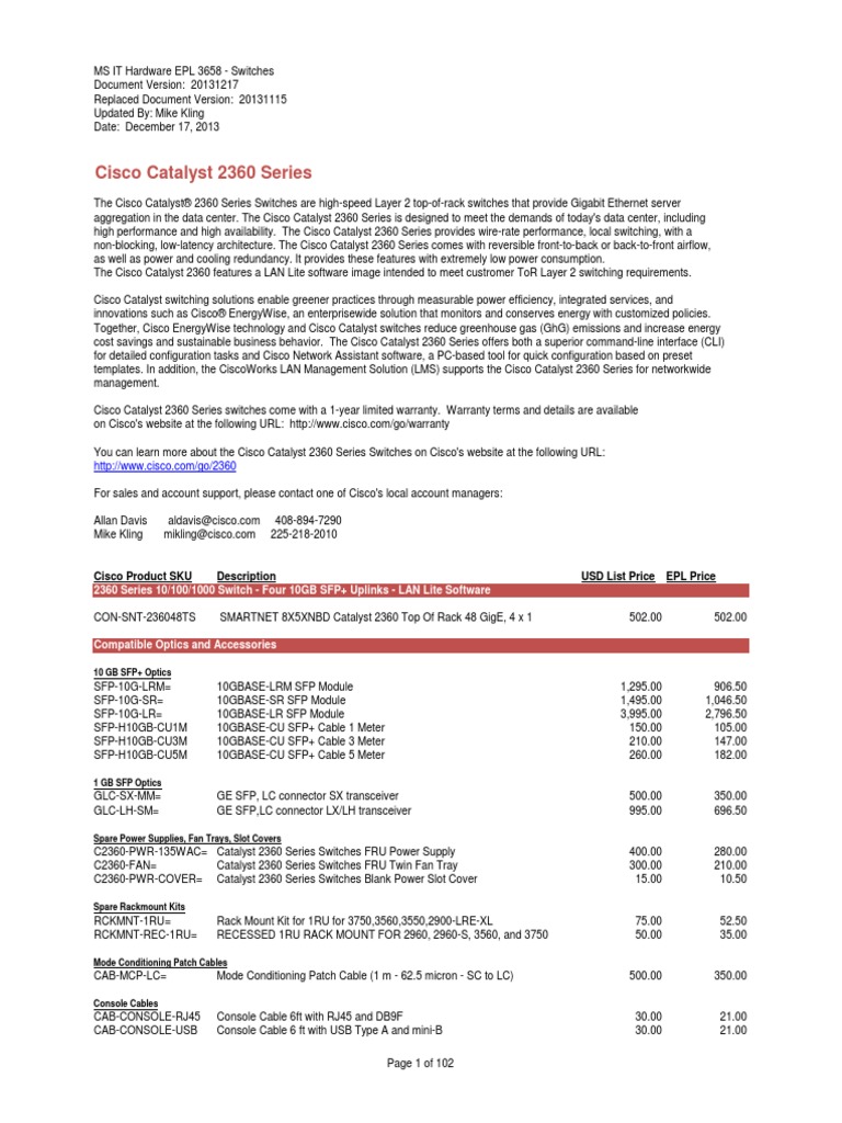 2013 12 17 Switches Equip Price List | PDF | Network Switch | Cisco Systems