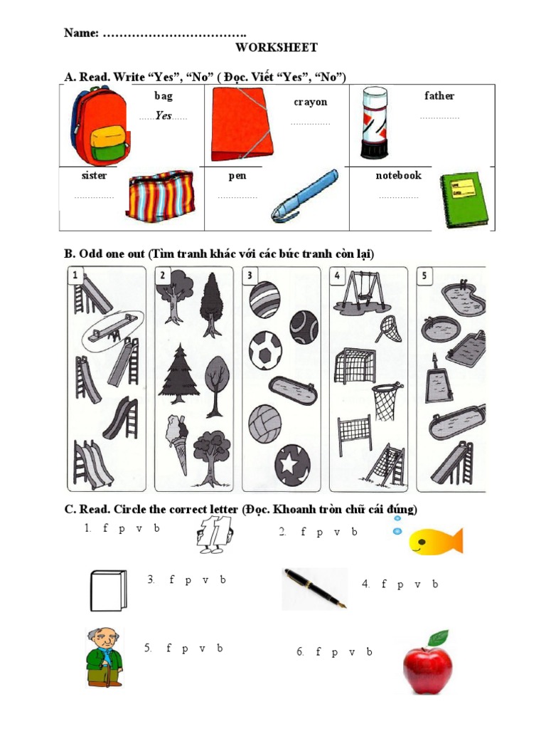 Name: …………………………….. Worksheet A. Read. Write "Yes", "No" (Đọc. Viết ...