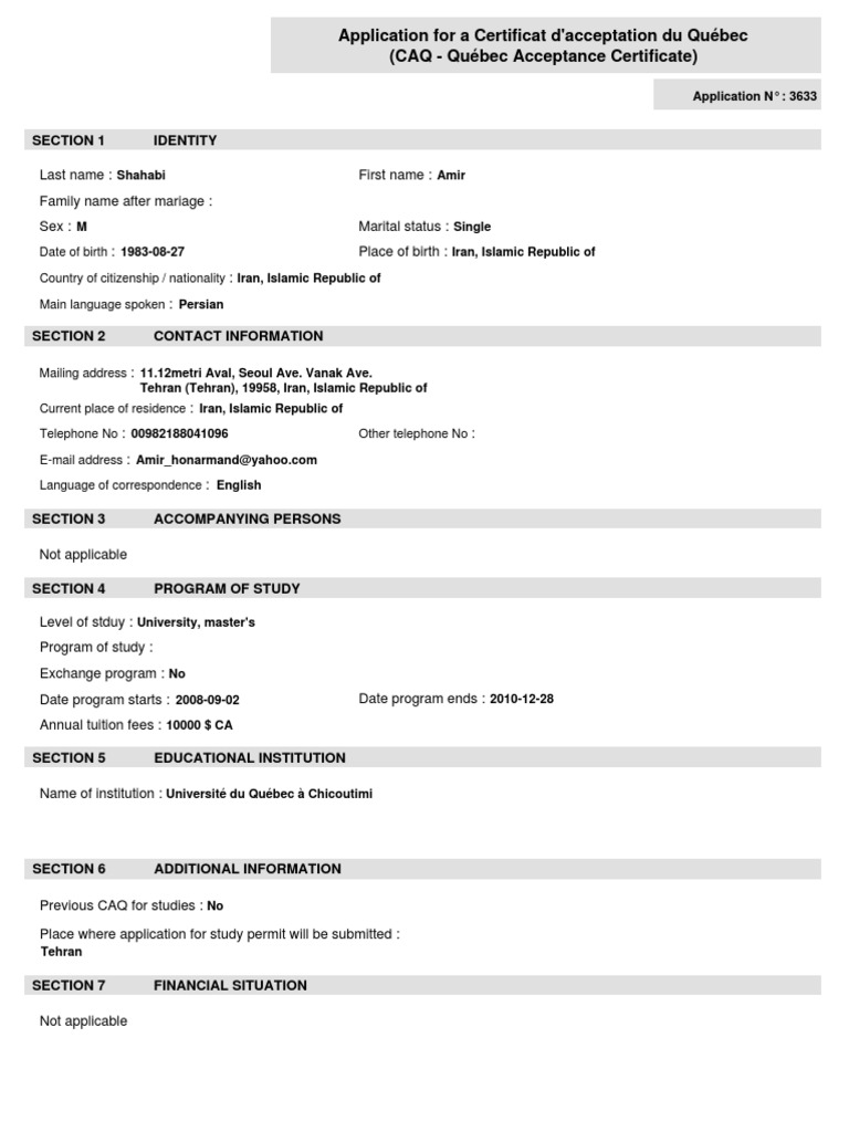 Application For A Certificat D'acceptation Du Québec (CAQ - Québec ...