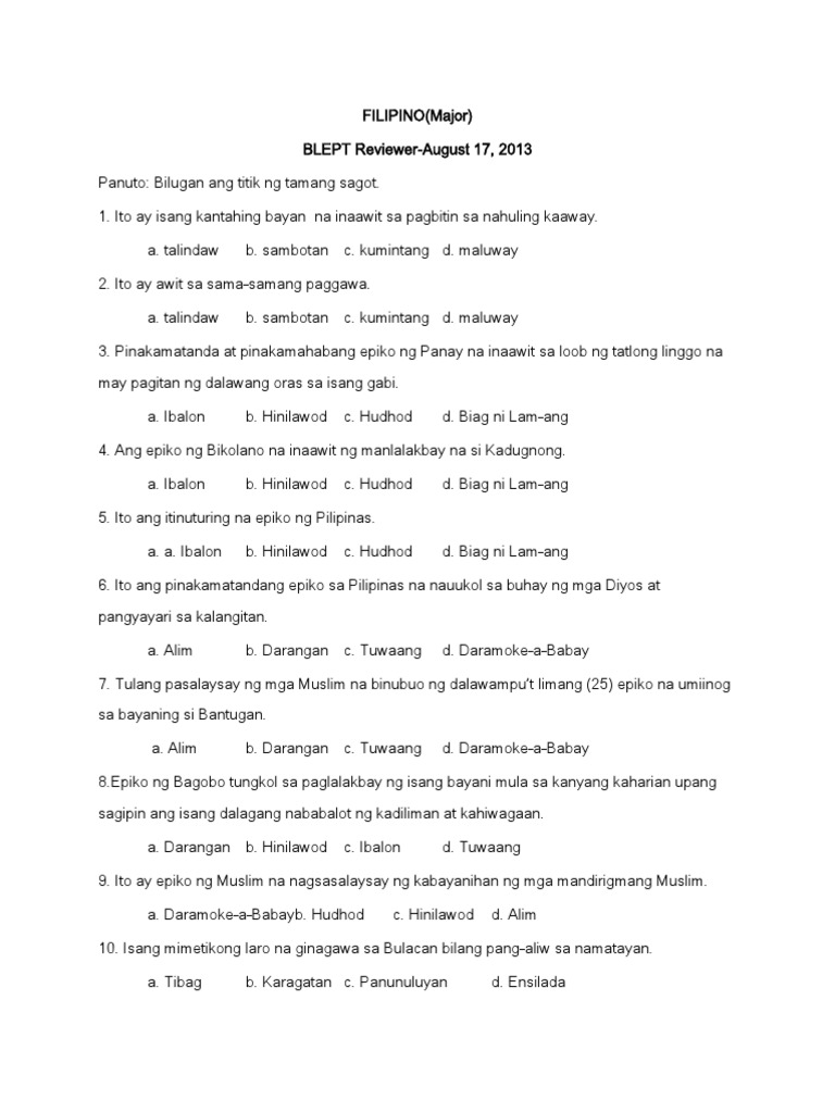 FILIPINO Major (Questions) | PDF