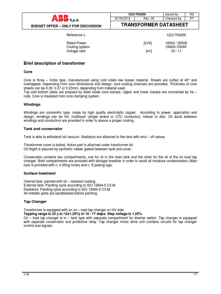R00 - 16-20MVA - 33-11kV - Datasheet | PDF | Transformer | Engineering ...