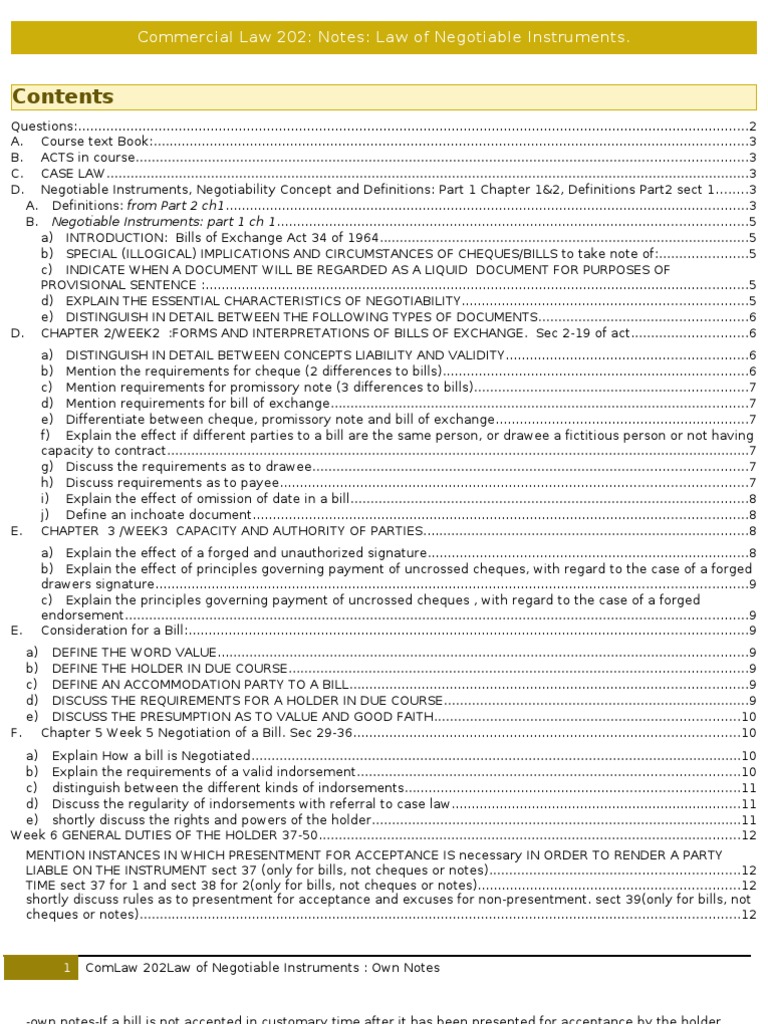 Law of Negotiable Instruments Notes | PDF | Negotiable Instrument ...