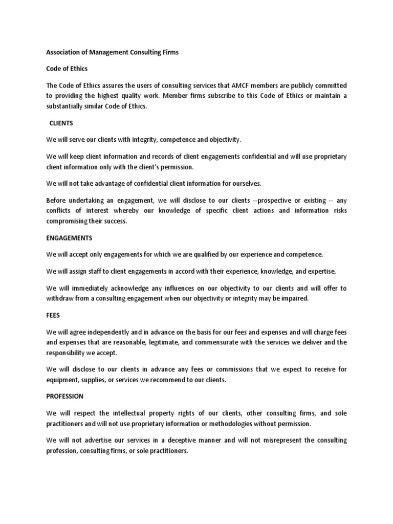 Association of Management Consulting Firms-Code of Ethics | PDF | Business