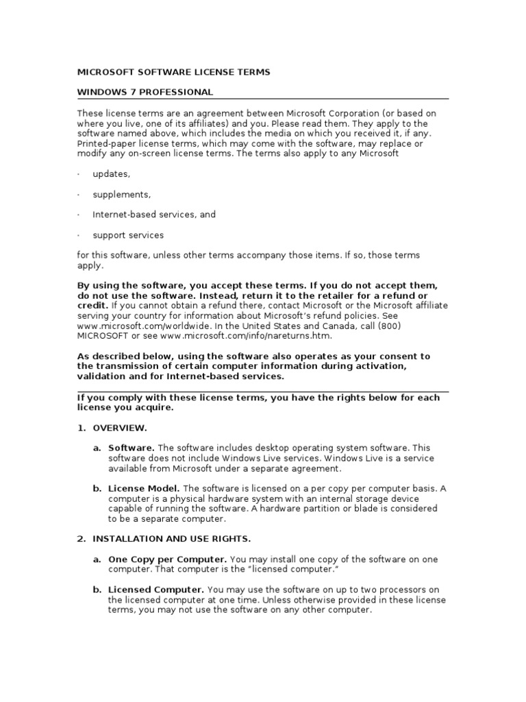 Microsoft Software License Terms Windows 7 Professional These License ...