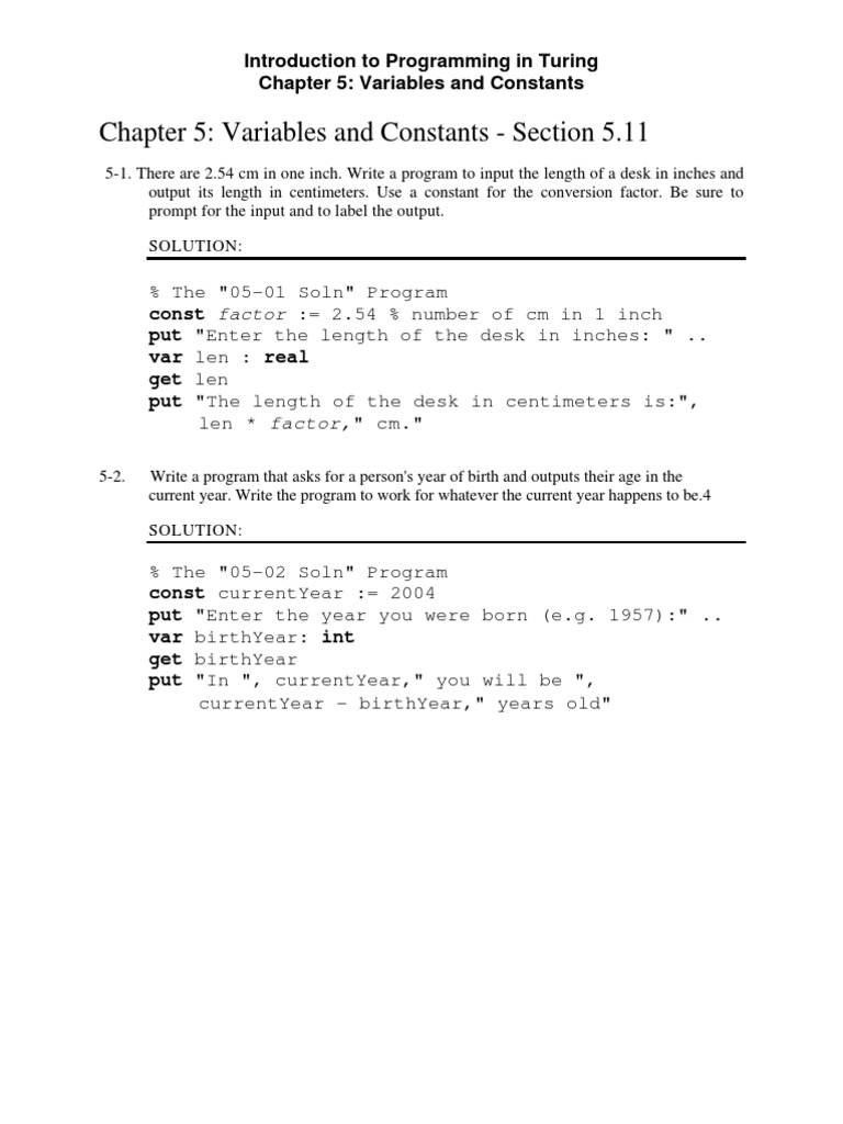 Introduction To Programming in Turing Chapter 5: Variables and Constants | PDF | Area | String ...