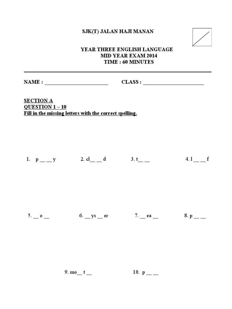 Mid Year English Exam for Year Three Students at SJK(T) Jalan Haji ...