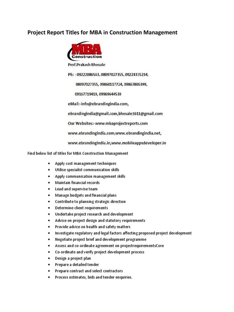 Project Report Titles for MBA in Construction Management | Construction ...