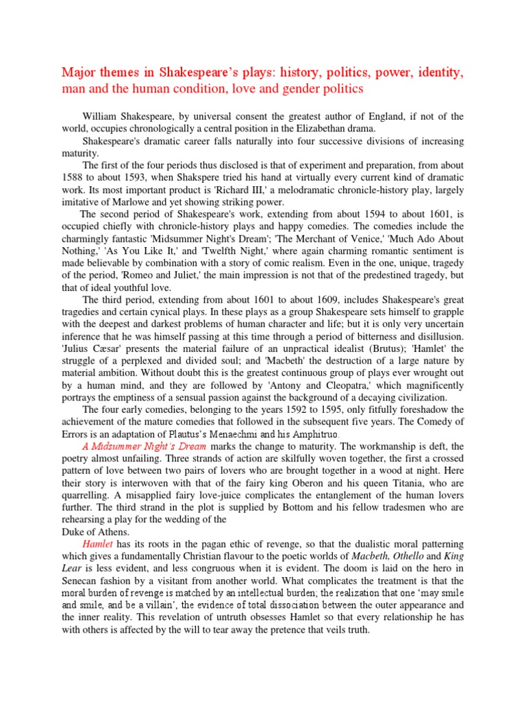Major Themes in Shakespeare | PDF | Shakespeare's Sonnets | William ...