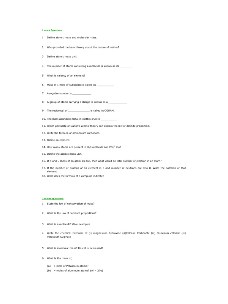 1 Mark Questions CH 3 | PDF | Mole (Unit) | Molecules