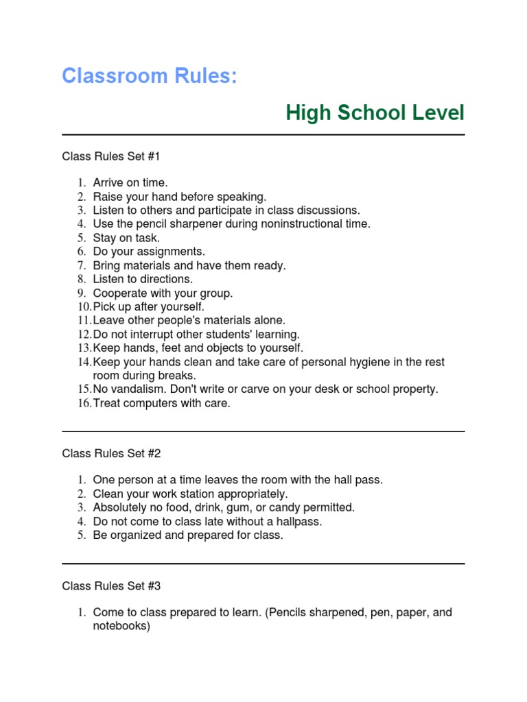 Classroom Rules:: High School Level | PDF