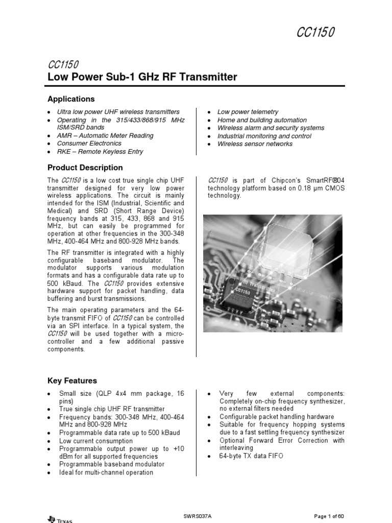 Low Power Sub-1 GHZ RF Transmitter | PDF | Capacitor | Modulation