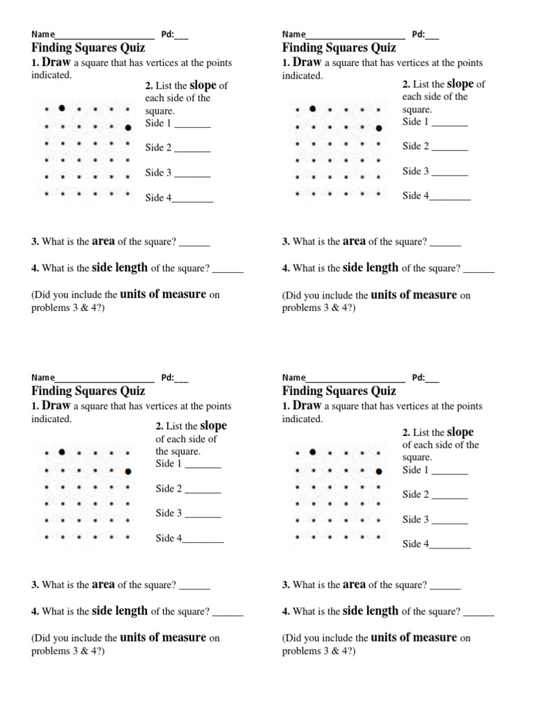 Finding Squares Quiz Worksheet | PDF | Teaching Methods & Materials