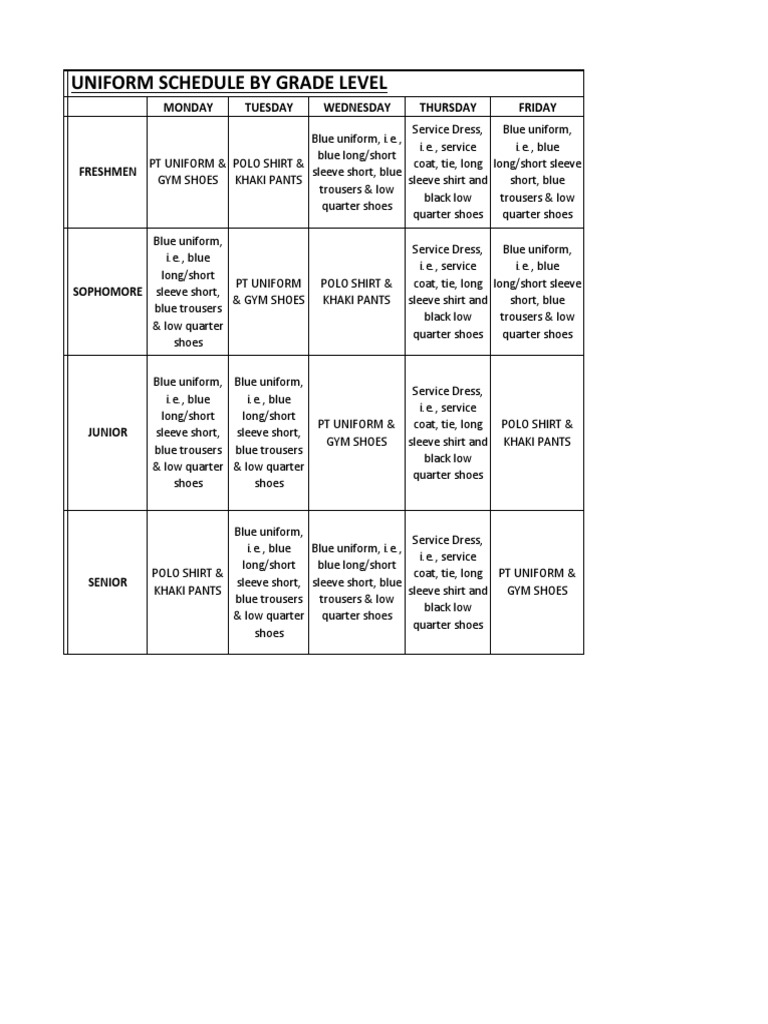 School Uniform Schedule | PDF | Career & Growth