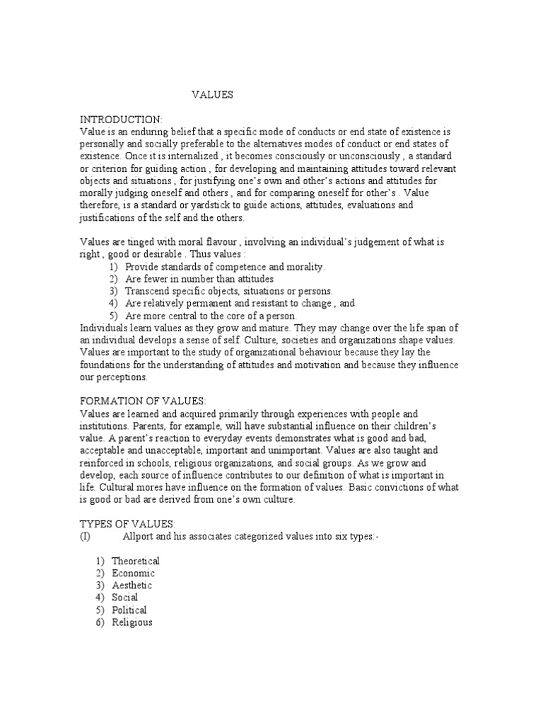 VALUES INTRODUCTION: Value Is An Enduring Belief That A Specific | PDF ...