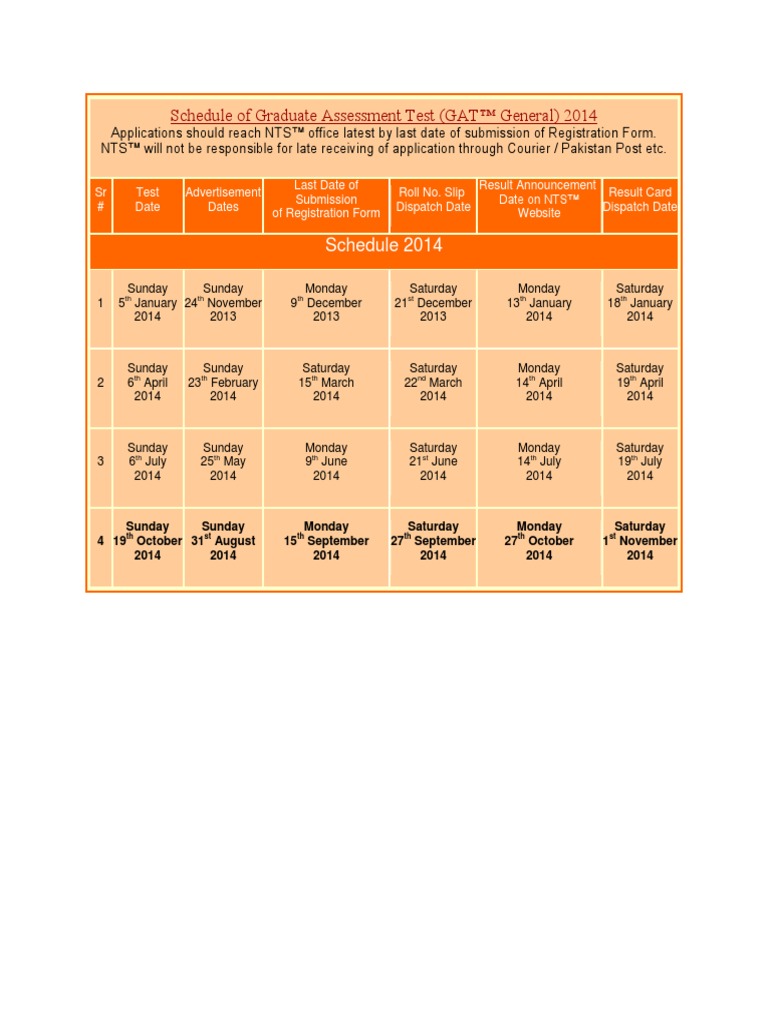 GAT General Test Schedule 2014 | PDF
