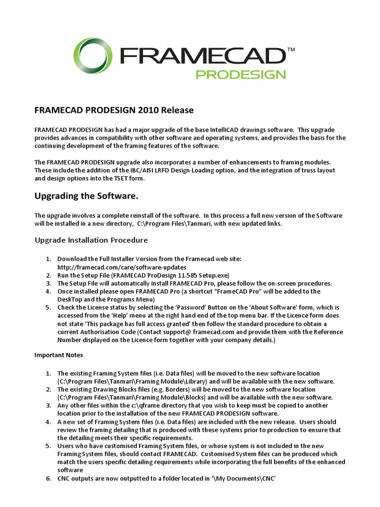 Readme First - FrameCAD Pro Upgrade 2010 Release | Download Free PDF ...