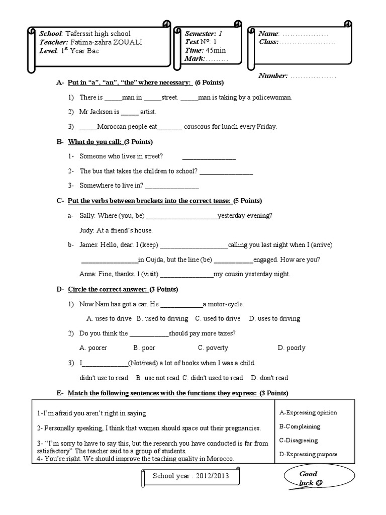 English 1 Bac Semester 1 Test | PDF