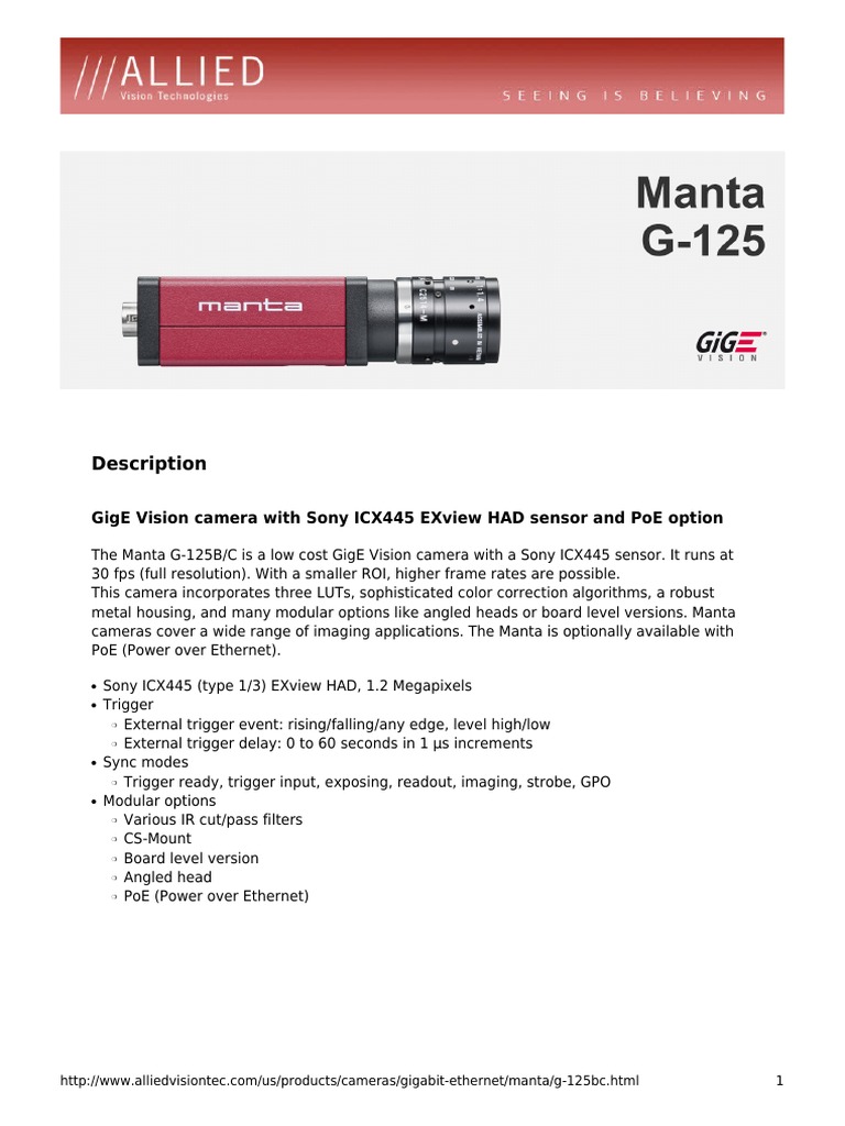 Manta DataSheet G-125 V4.0.0 en | PDF | Camera | Electrical Engineering