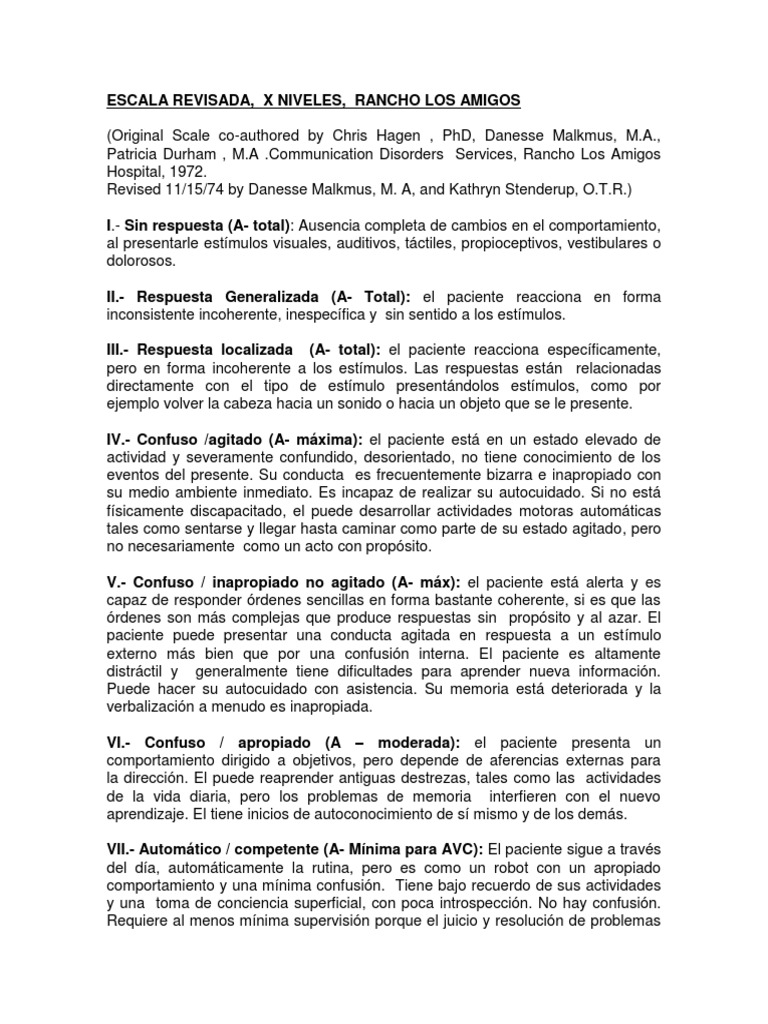 Escala Rancho Los Amigos X Niveles | PDF | Memoria | Depresión (estado ...